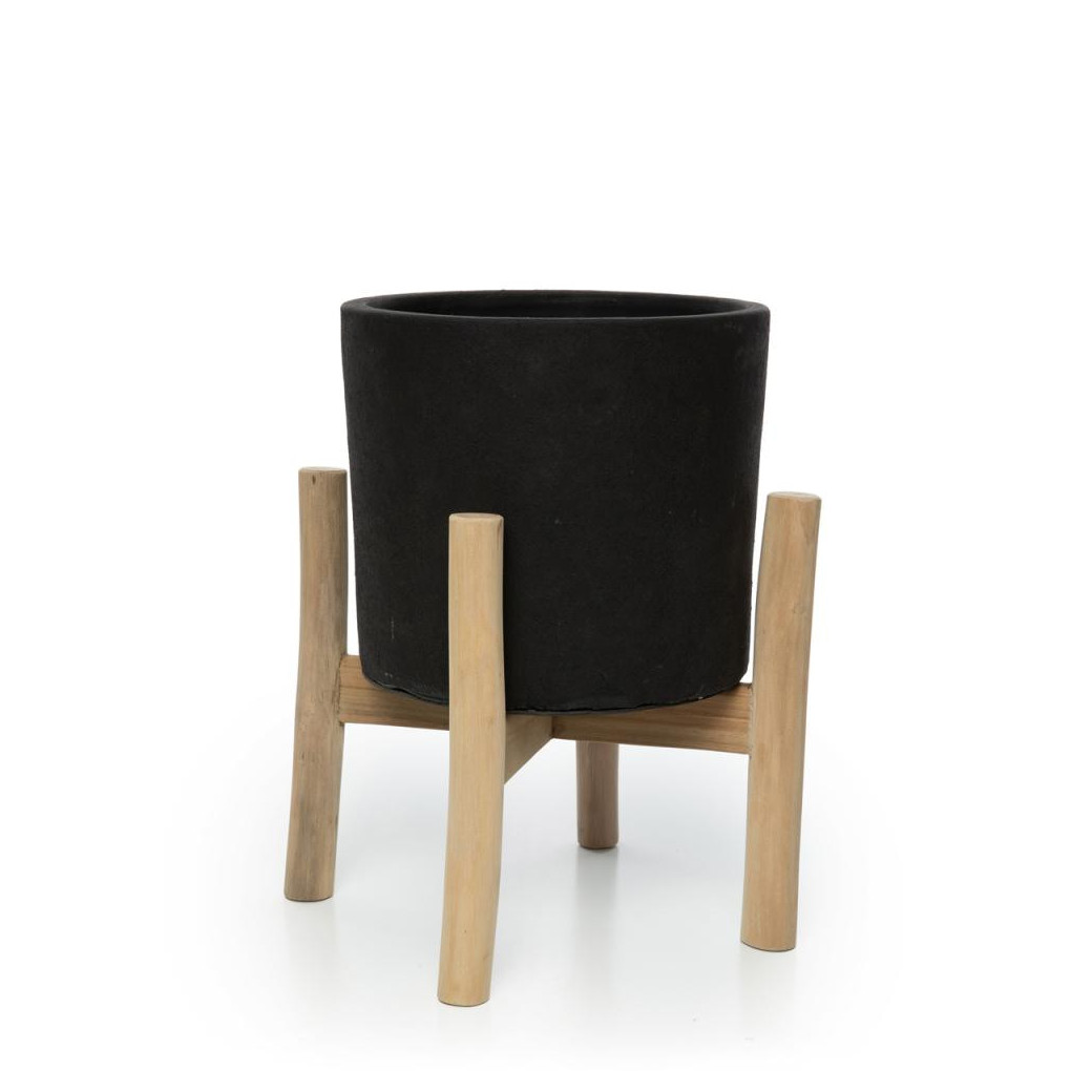 Cache-pot sur pied bas teck - Noir Naturel - 36cm