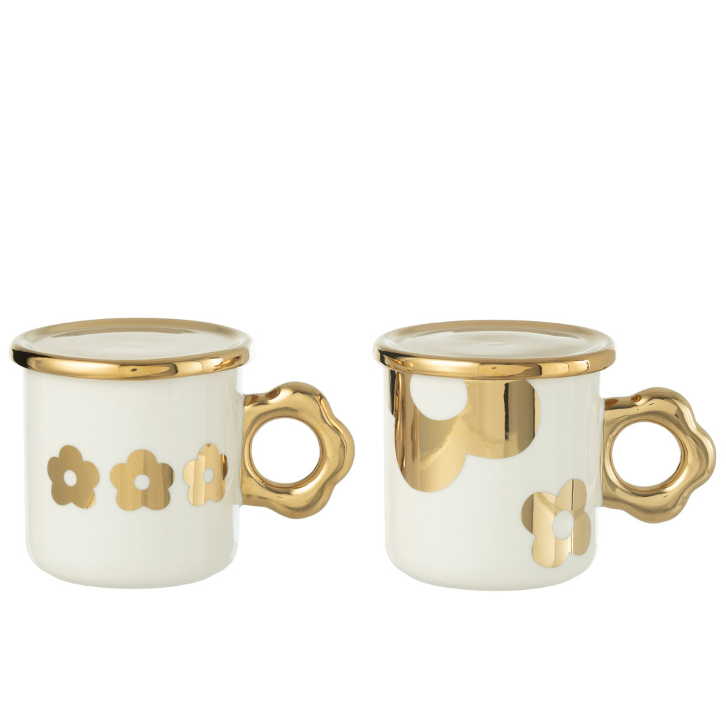 Tasse + Sous-Tasse Fleur Ceramique Blanc / Or J-Line 49107