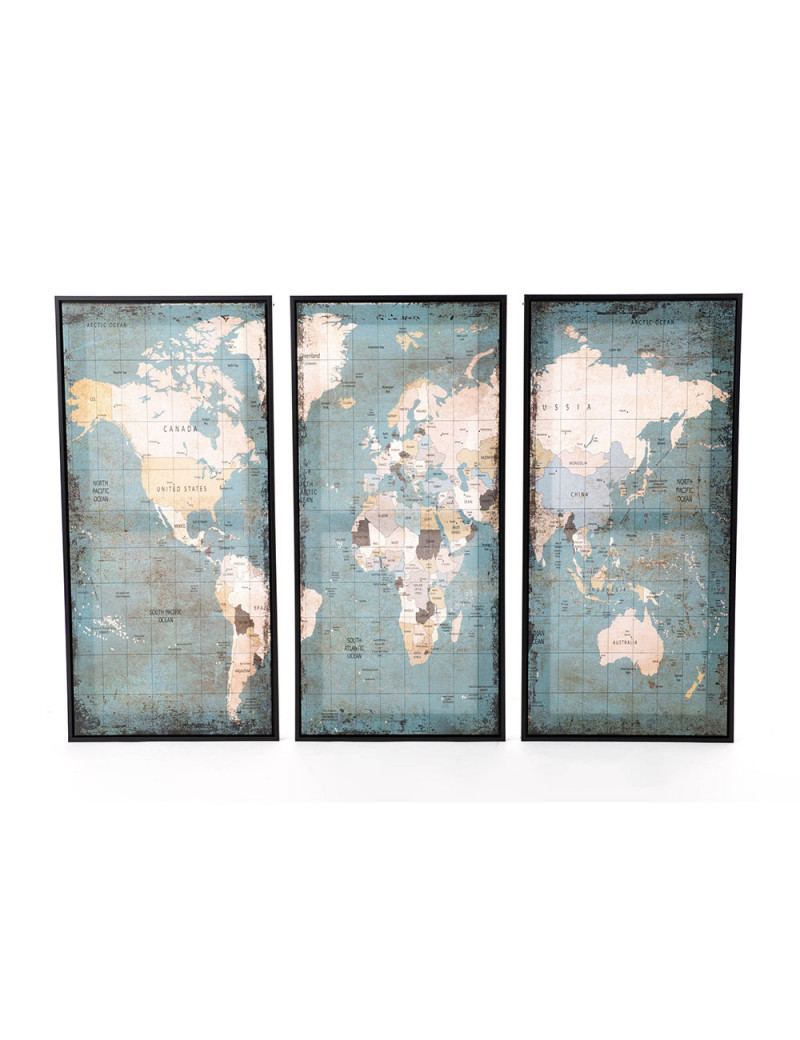 Triptique Monde 80X114Cm Canvas + Bois Amadeus | Plante-ta-deco.com